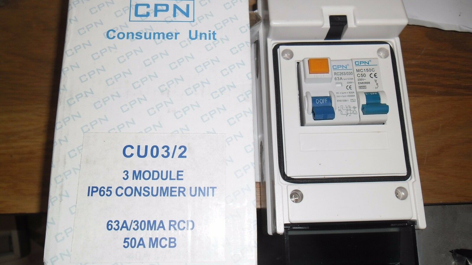 Cudis CPN CU03/2 3 module ip65 consumer unit 63a/30ma rcd 50a mcb new ...